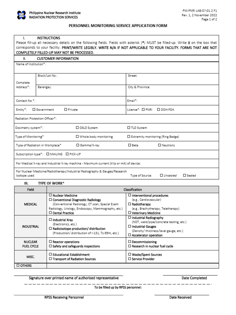 PNRI Personnel Monitoring Application Form | PDF | Radiography | Radiology