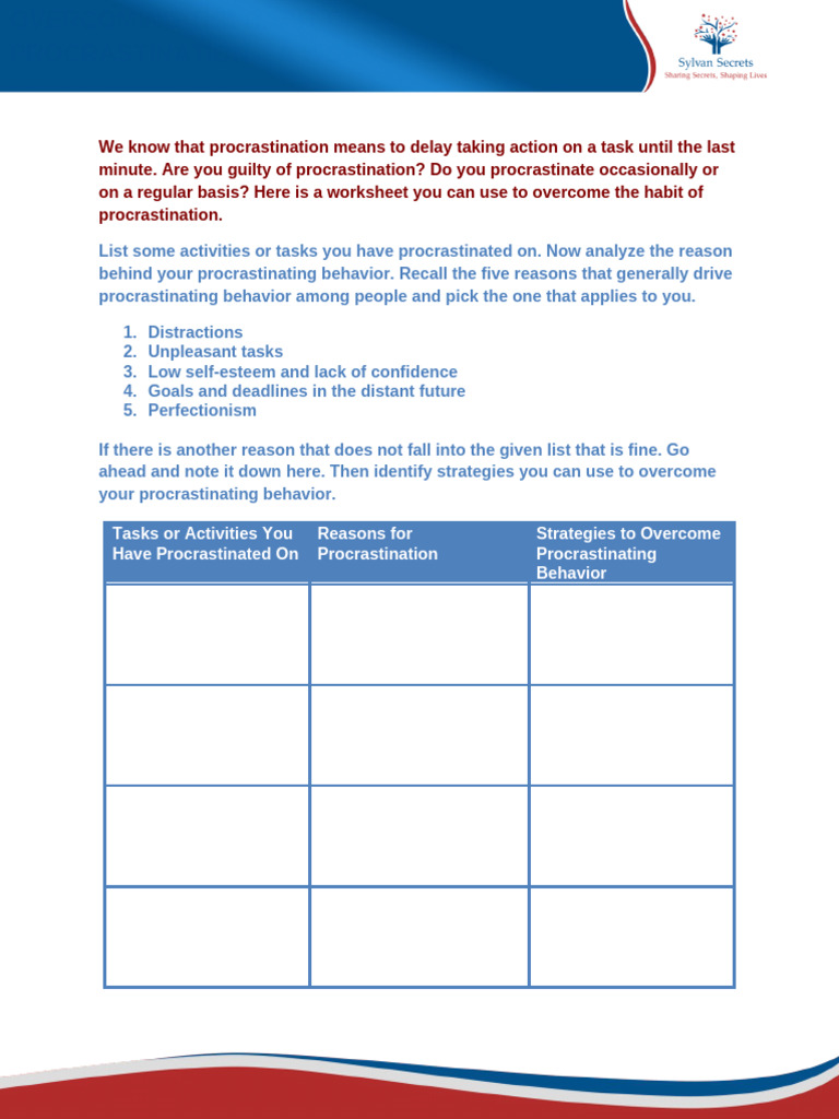 Overcoming The Habit of Procrastination A Worksheet | PDF
