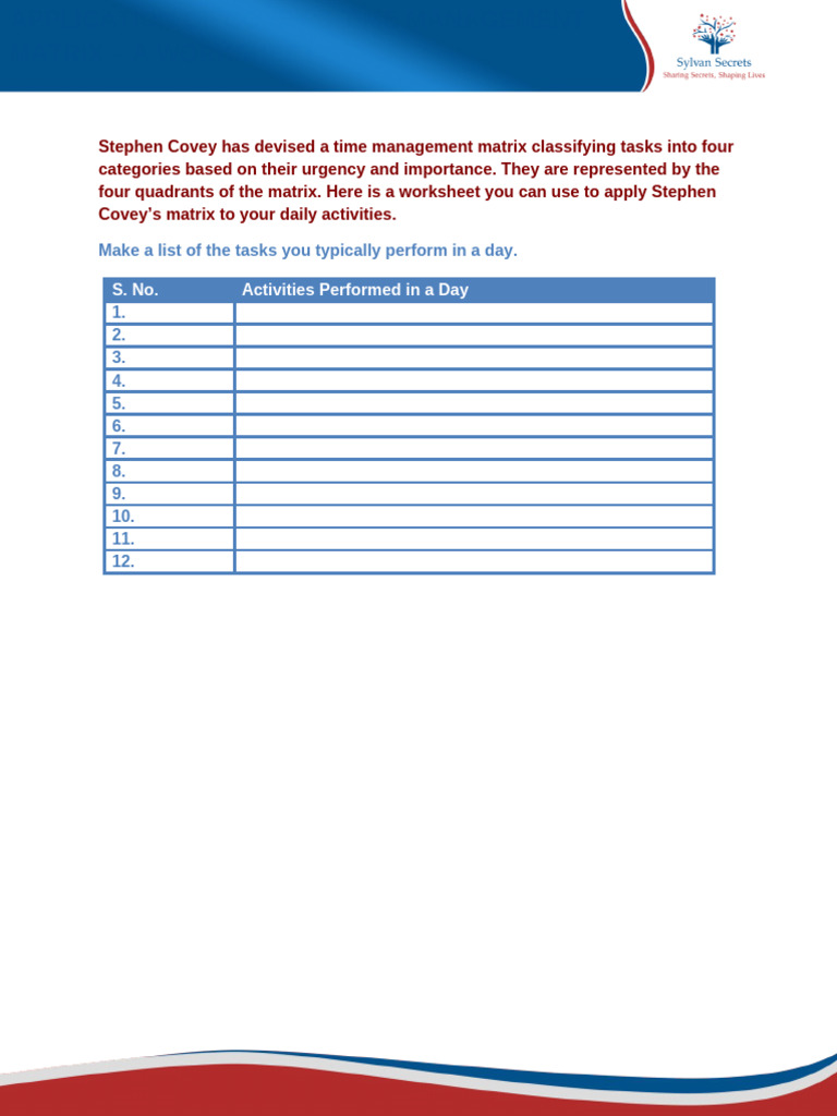 Covey's Time Management Matrix Worksheet | PDF