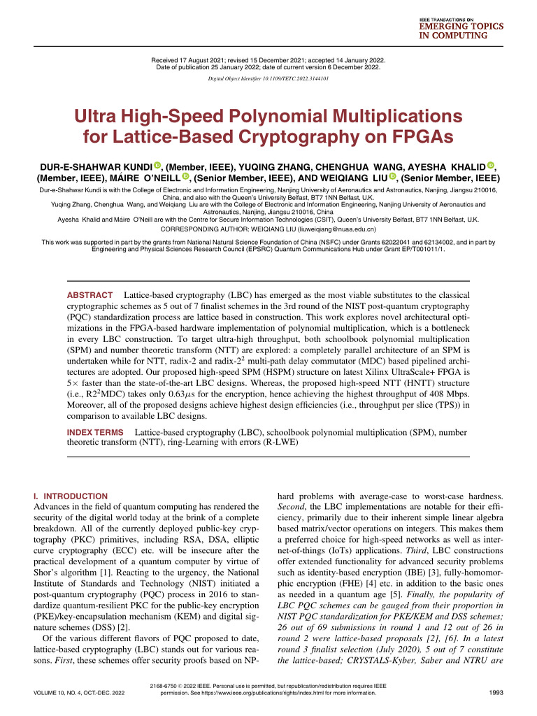 Ultra High-Speed Polynomial Multiplications For Lattice-Based Cryptography On FPGAs | PDF ...