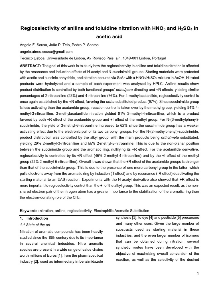 Nitration Regioselectivity of Aniline | PDF | Chemical Reactions ...