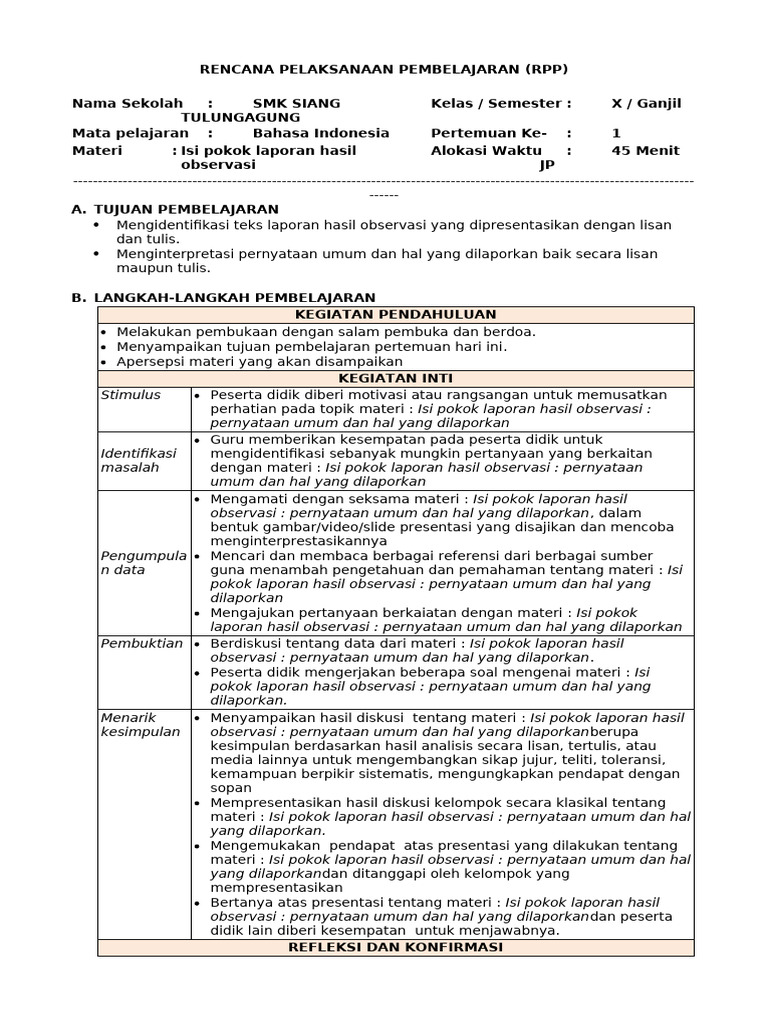 RPP 1 - Isi Pokok Laporan Hasil Observasi | PDF