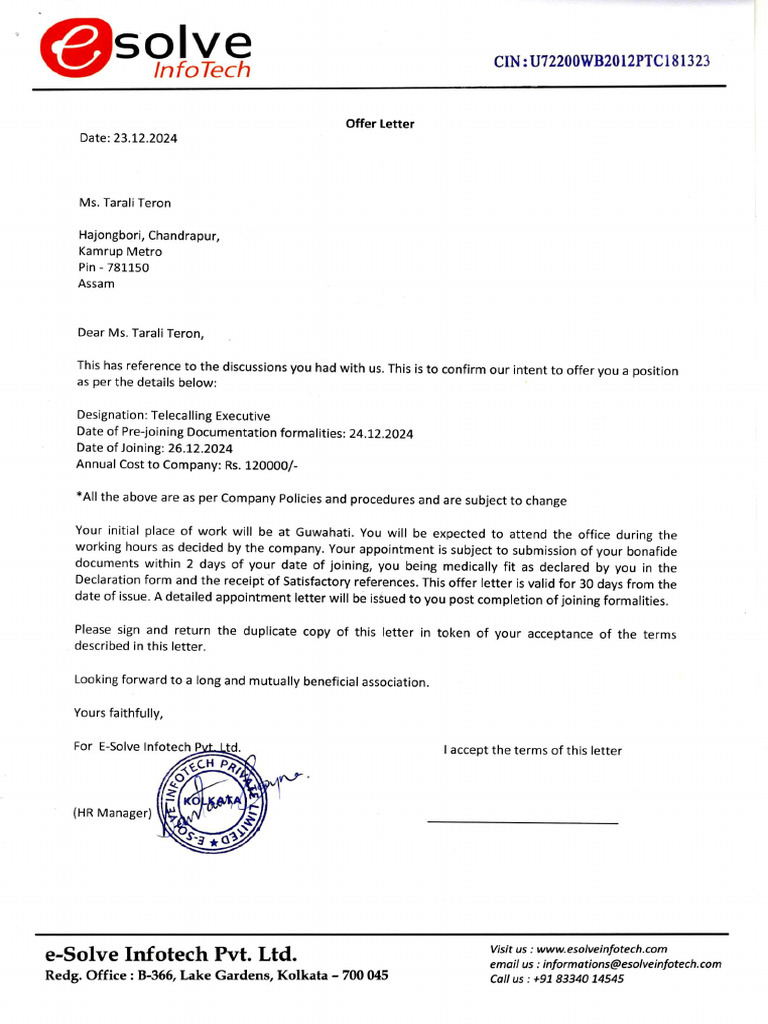 Offer Letter of Tarali Teron | PDF
