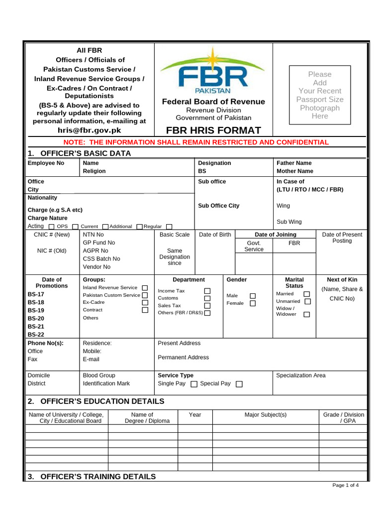 FBR Officer Information Update Form | PDF | Tax Deduction