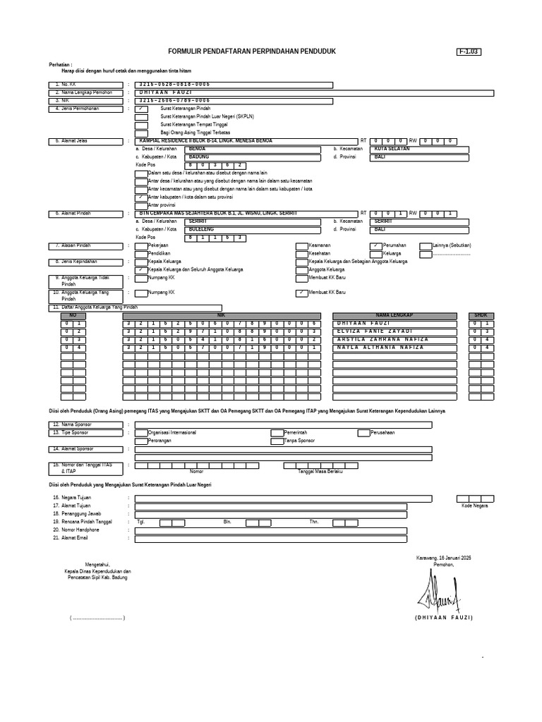 Formulir Pendaftaran Perpindahan Penduduk (F-1.03) | PDF