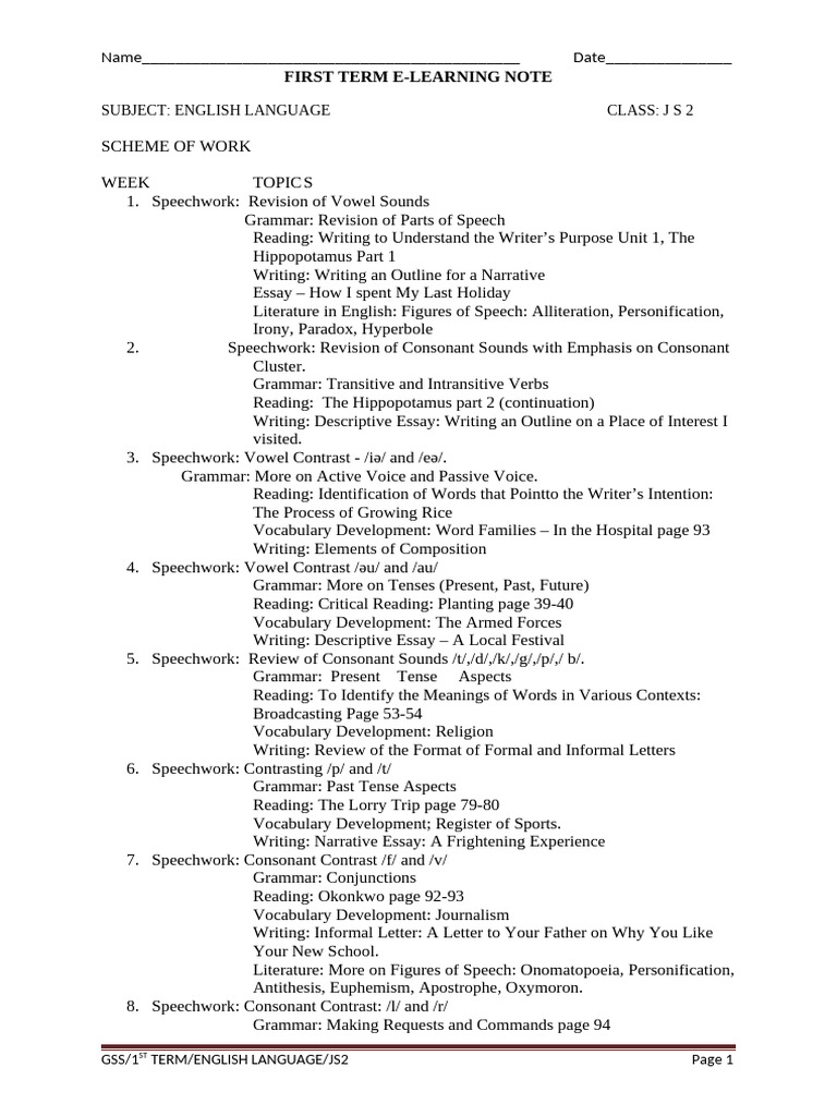 JSS2 First Term English Scheme | PDF