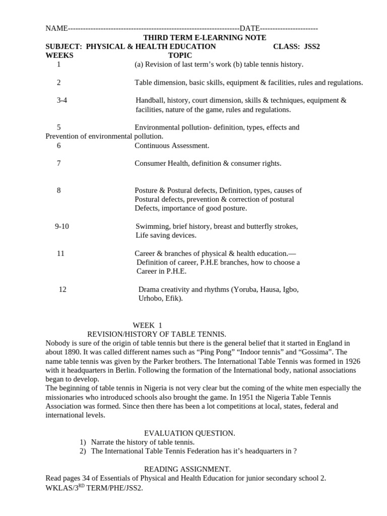 3rd Term j2 Physical Health Education | PDF | Table Tennis | Pollution