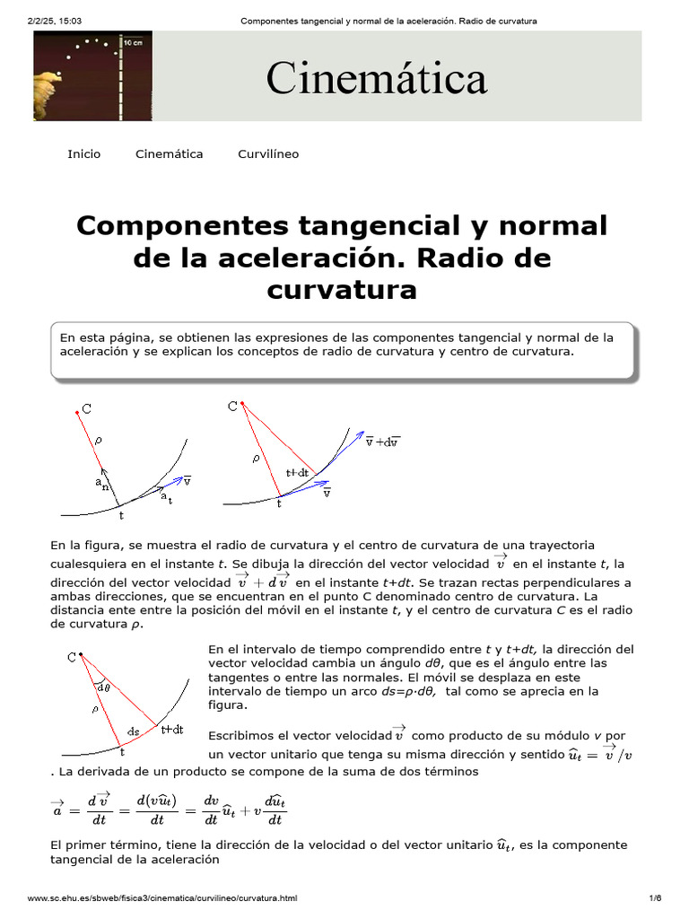 Componentes Tangencial y Normal de La Aceleración. Radio de Curvatura ...