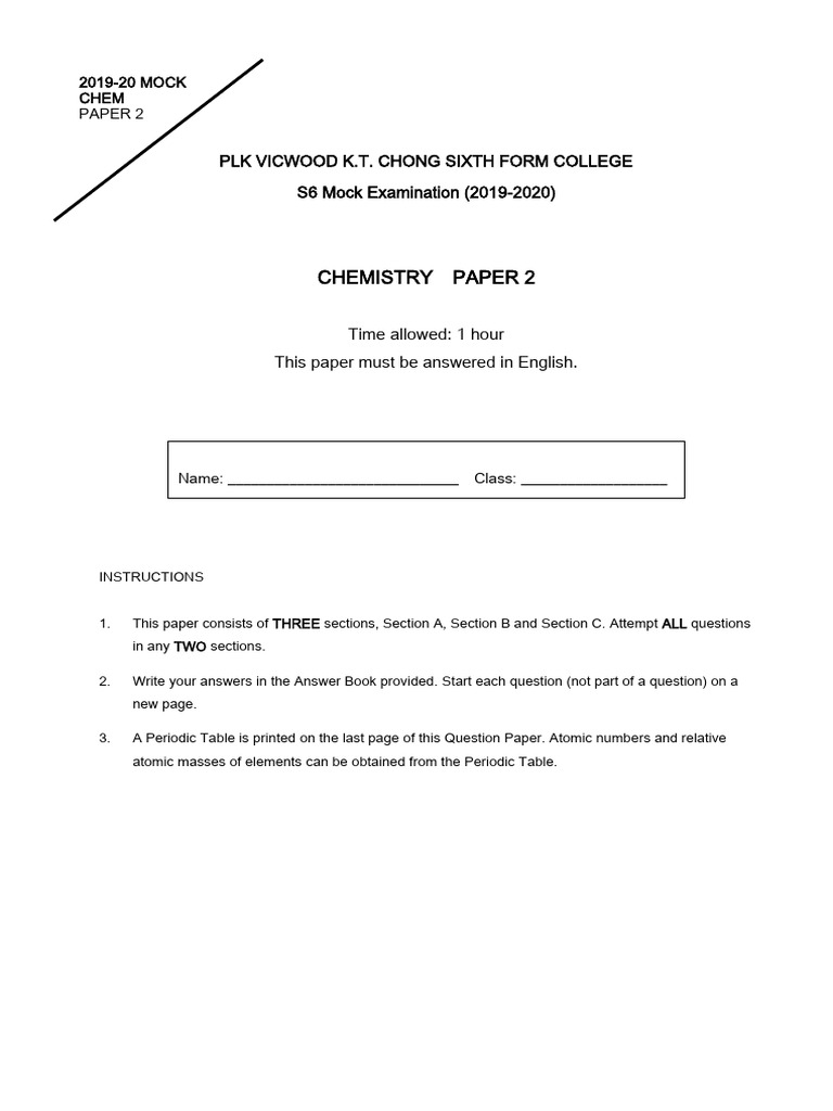Plkvktcsfc_f6_2019-2020_chem Pp2 - Kuok Kelly | PDF | Chemical ...