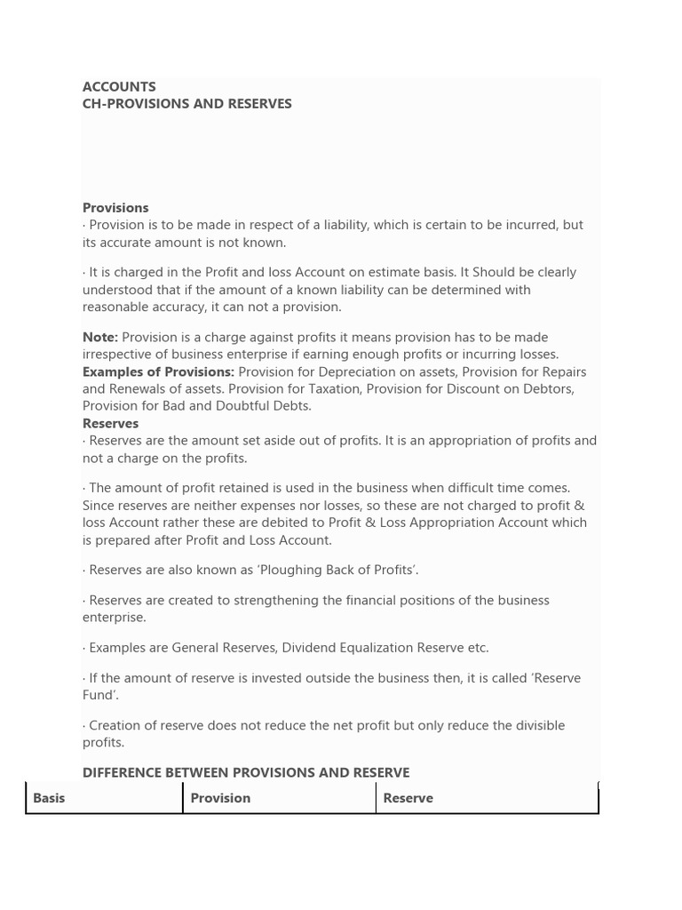 Provisions vs Reserves in Accounting | PDF | Debits And Credits | Dividend