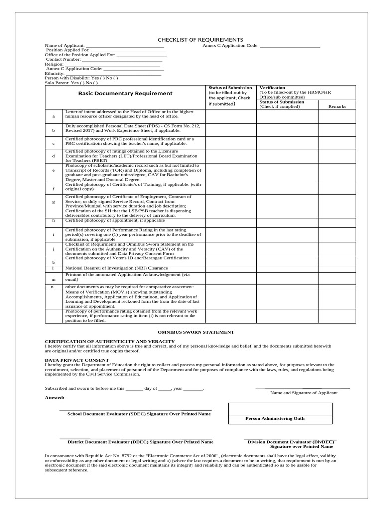 CHECKLIST OF REQUIREMENTS | PDF