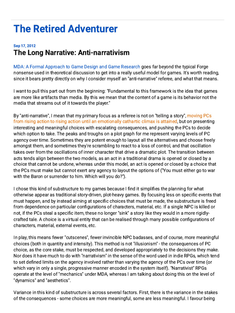 The Retired Adventurer - The Long Narrativenti-Narrativism | PDF | Role ...