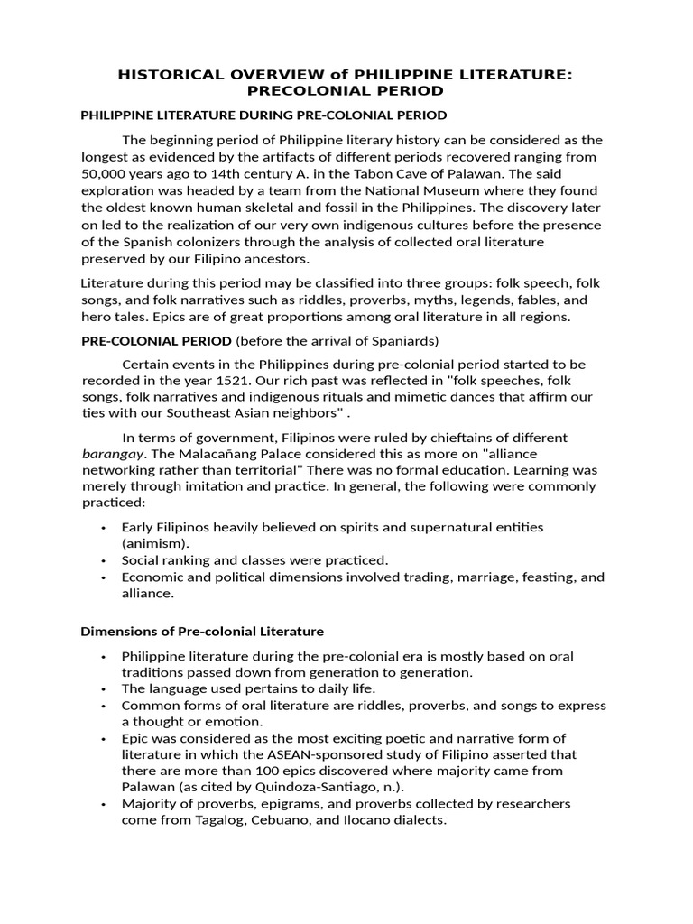 Quarter 1 Module 2 HISTORICAL OVERVIEW OF PHILIPPINE LITERATURE PRE ...