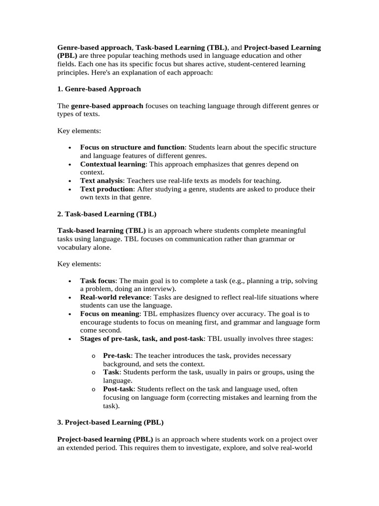Genre-based Approach, Task-based Learning, Project-based Learning | PDF | Project Based Learning ...