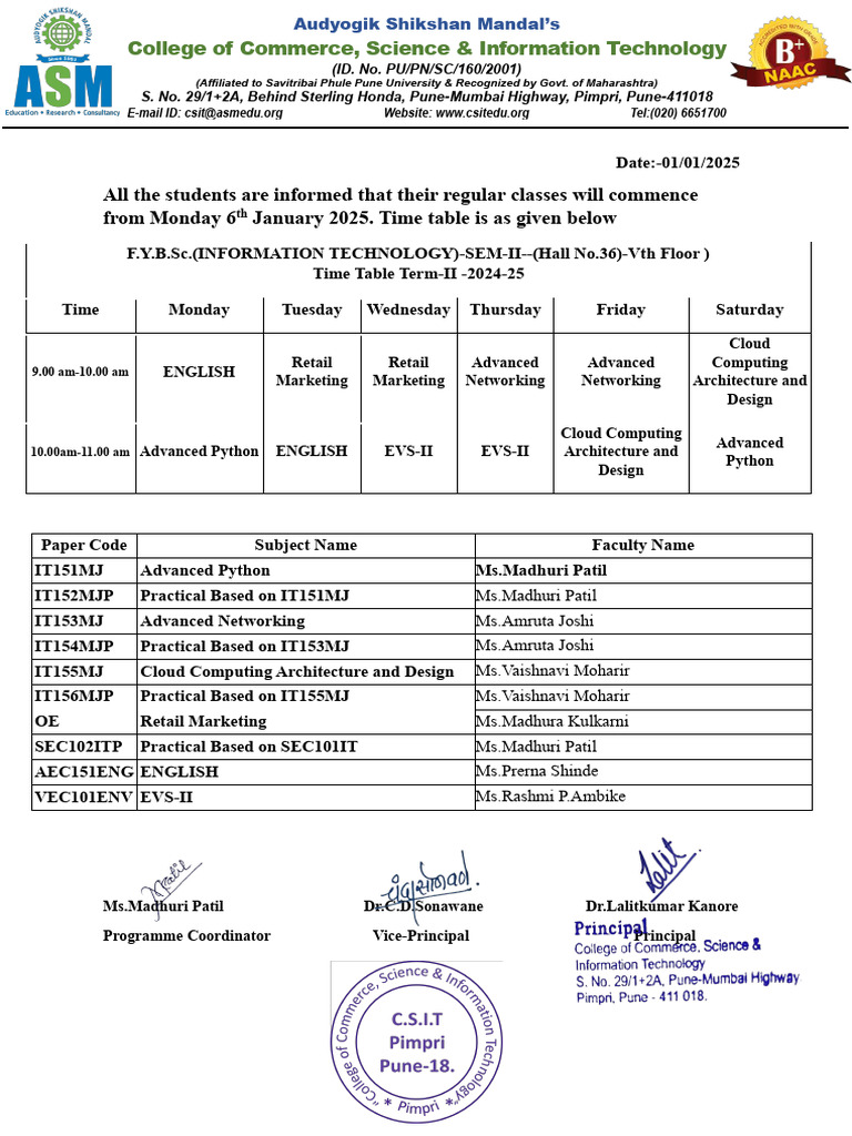 TIME TABLE F.Y.B.Sc. (INFORMATION TECHNOLOGY) - SEM-II | PDF