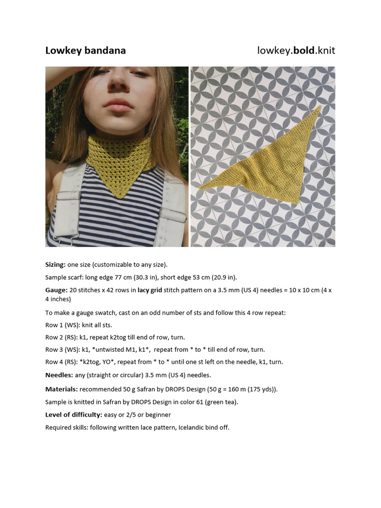 Lowkey Bandana Knitting Pattern | PDF | Knitting | Gauge (Knitting)