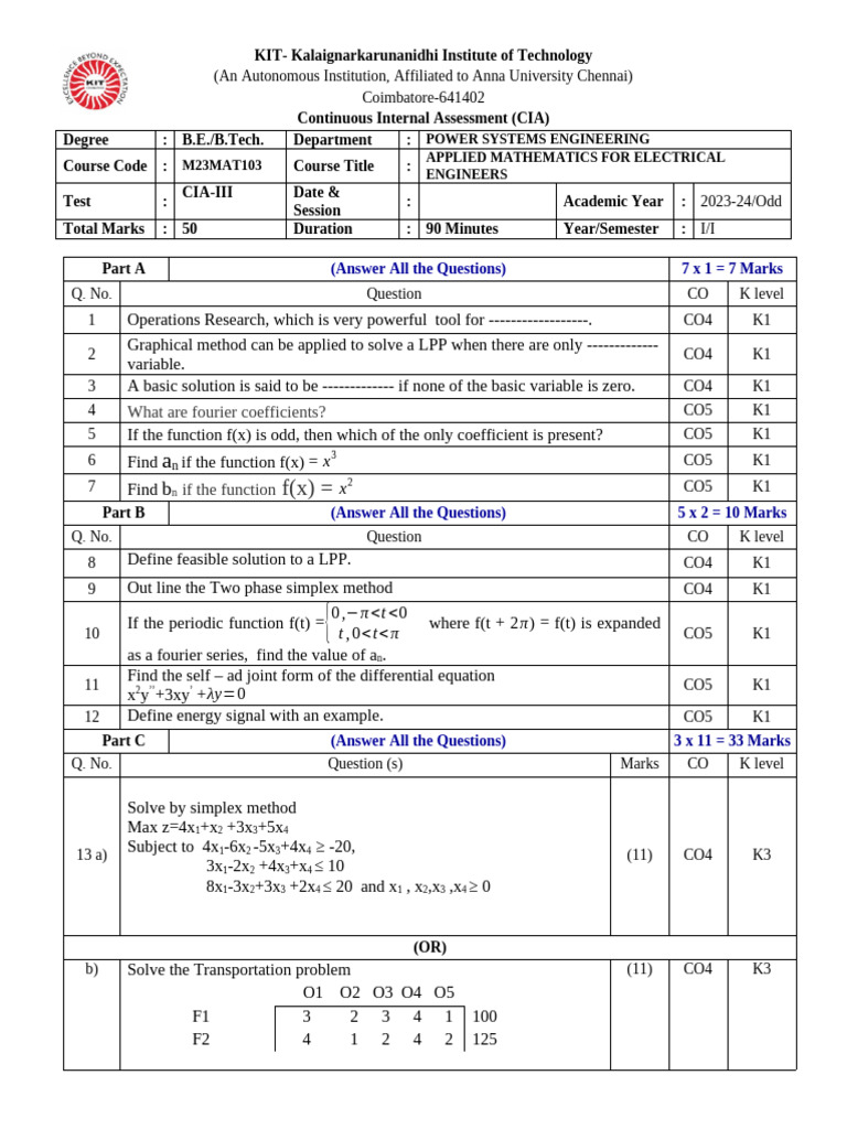 AMEE CIA-3 QP | PDF | Analysis | Algorithms