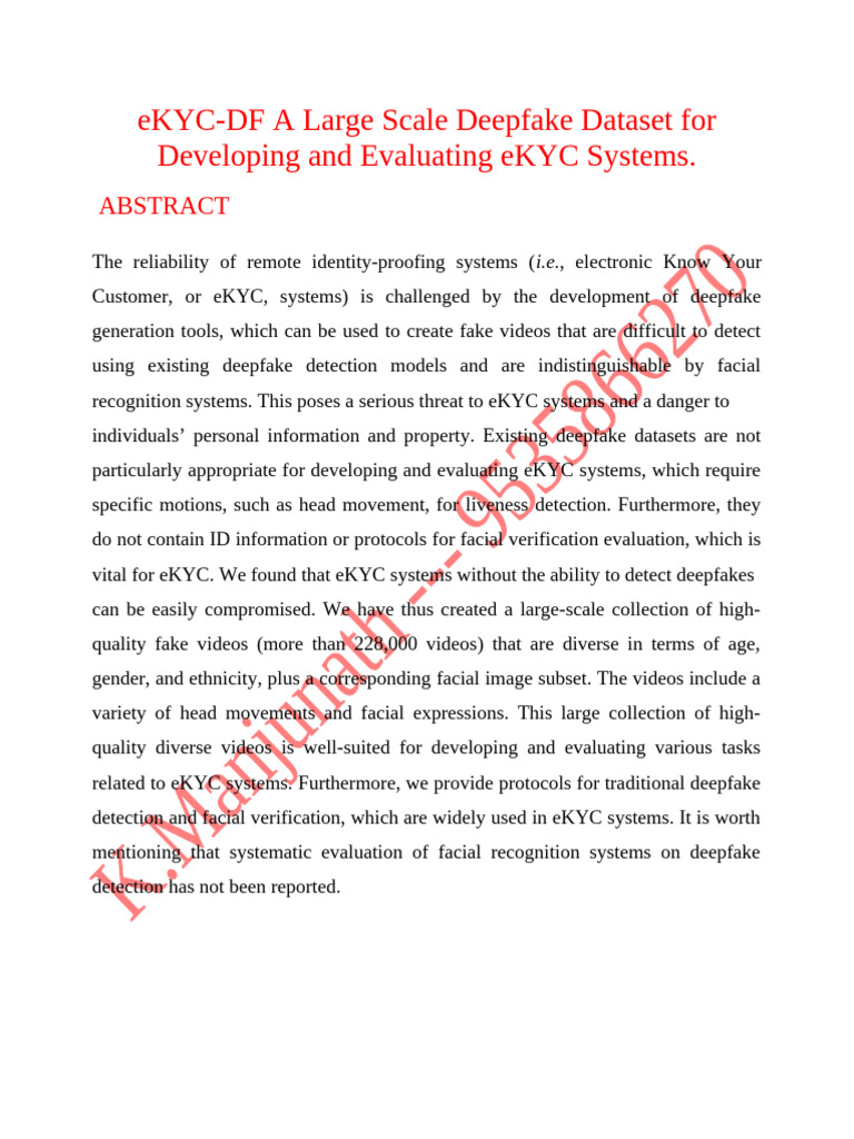 EKYC-DF A Large Scale Deepfake Dataset For Developing and Evaluating EKYC Systems | PDF | Deep ...