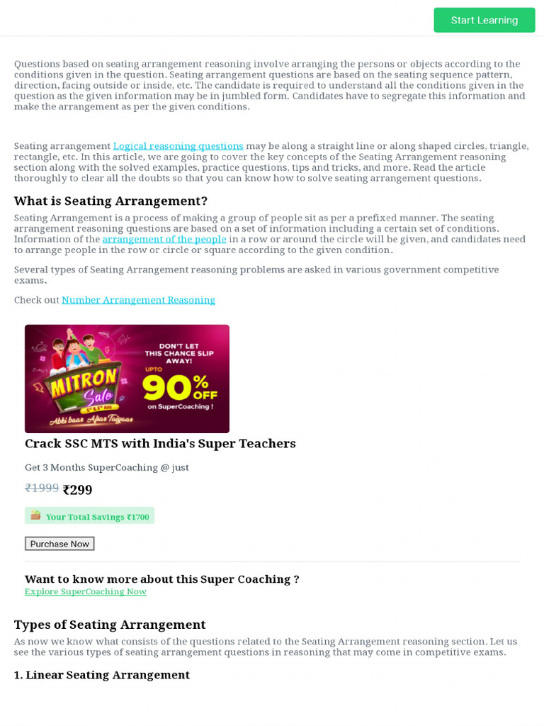 Seating Arrangement Reasoning - Tips & Tricks, Sample Questions | PDF