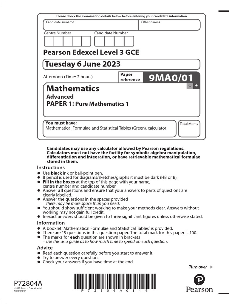 A-Level Pure Math Exam Guide | PDF | Mathematics | Mathematical Analysis
