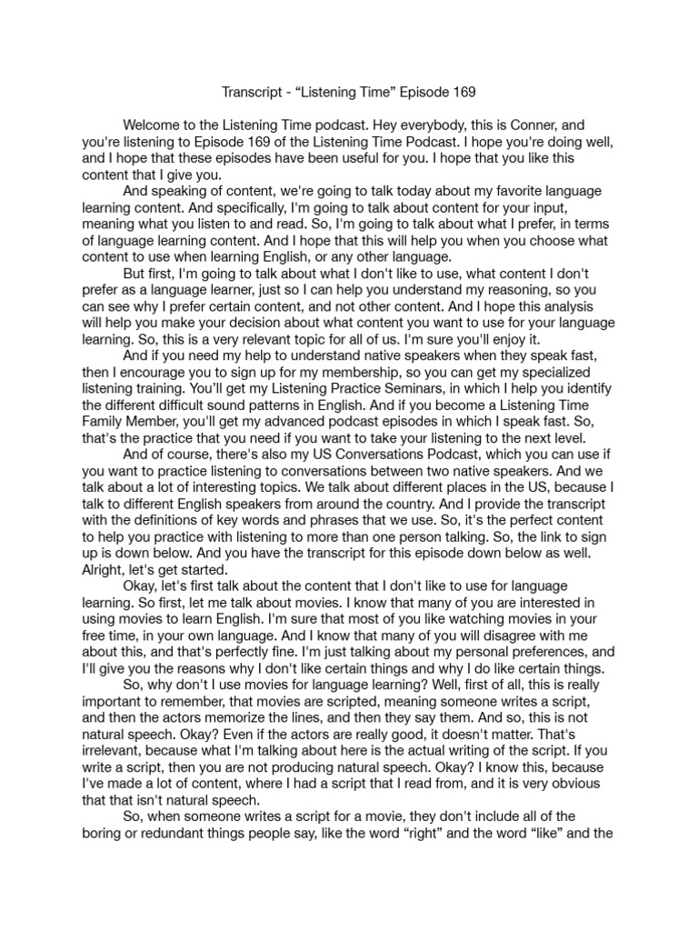 Episode 169 Transcript - Listening Time | PDF | Podcast | Language ...