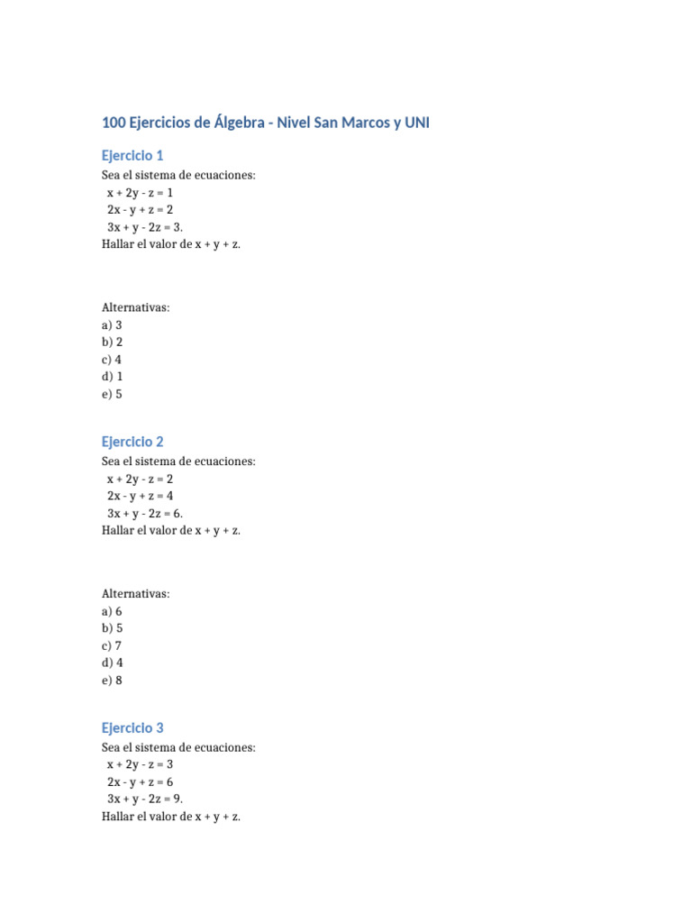 100 Ejercicios Algebra SANMARCOS UNI | PDF | Matemática Elemental | Matemáticas De La Computación