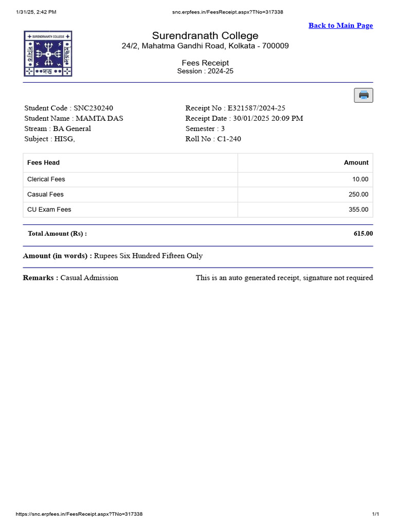 Surendranath College Fees Receipt 2024-25 | PDF