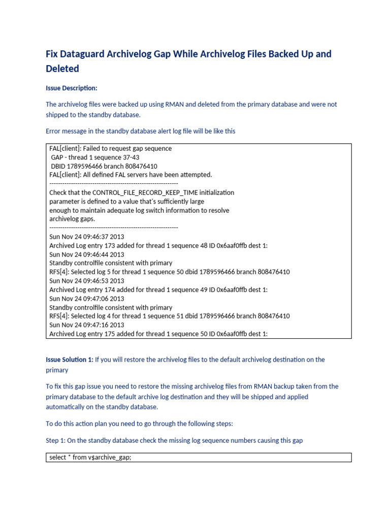 Fix Dataguard Archivelog Gap While Archivelog Files Backed Up and Deleted | PDF | Backup | Databases