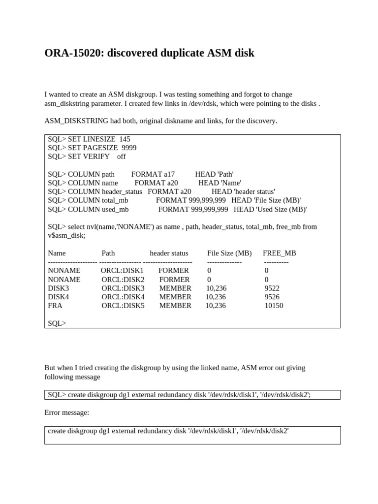 ORA-15020 Discovered Duplicate ASM Disk | PDF