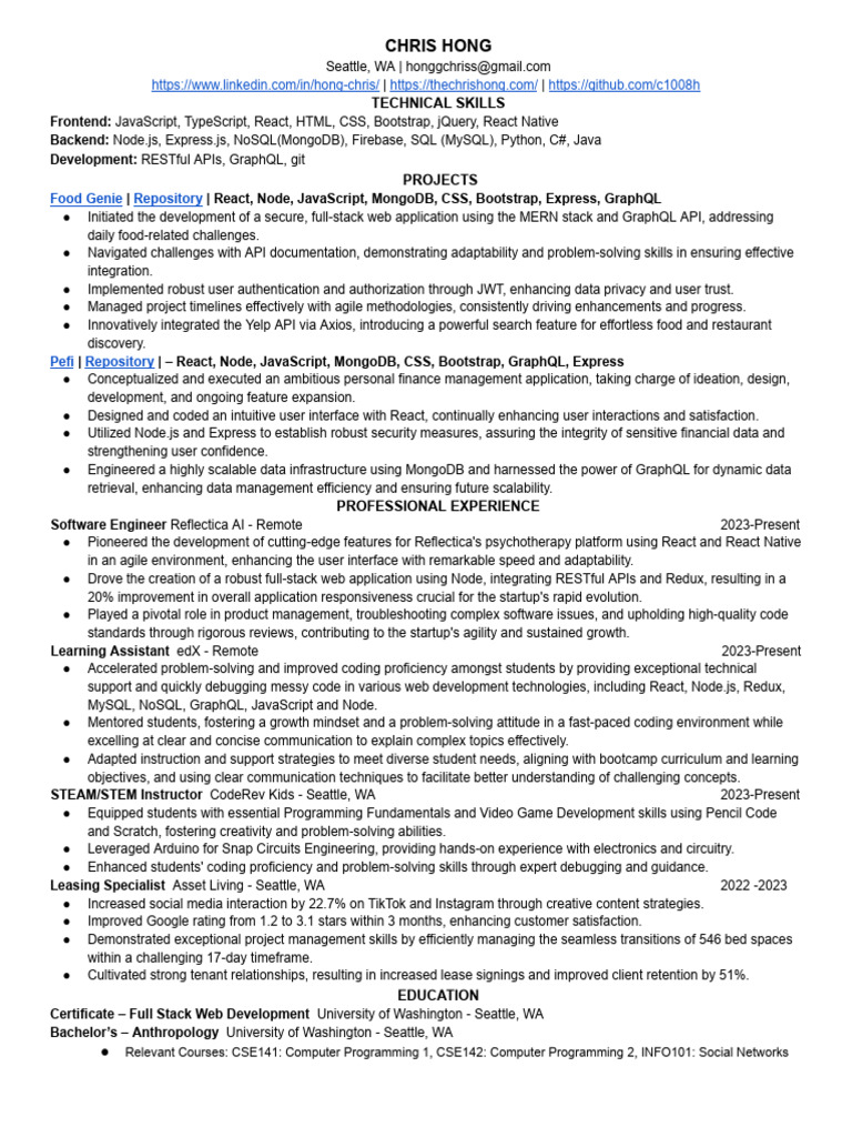 Chris Hong Software Engineer | PDF | Web Development | Java Script