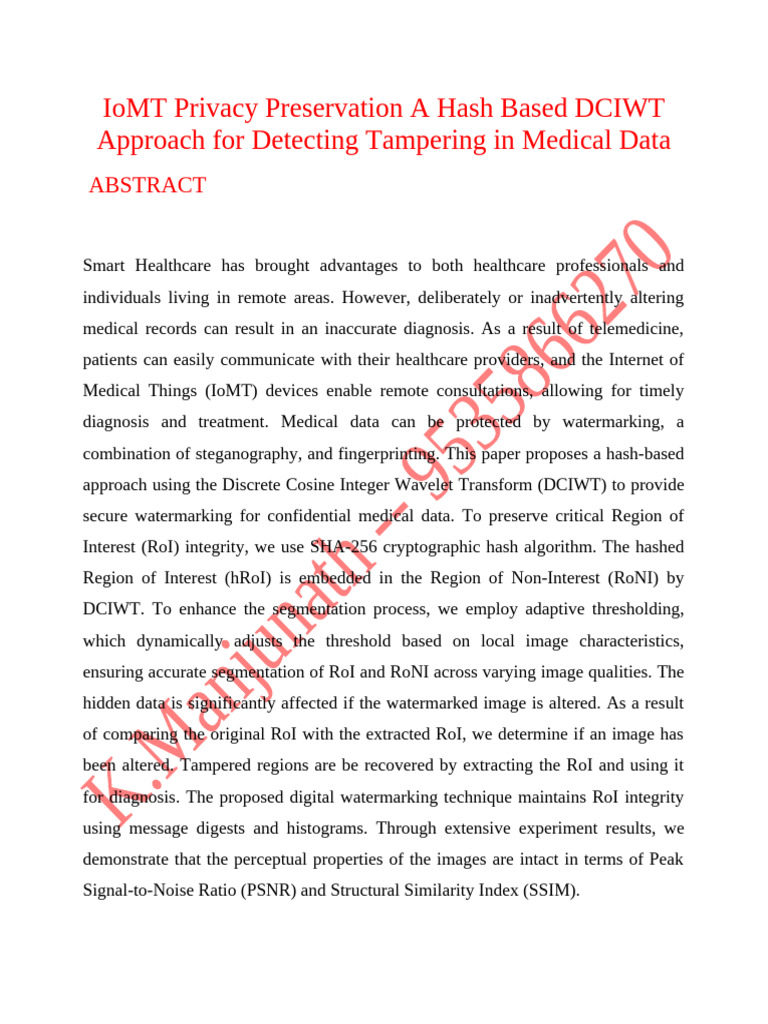 IoMT Privacy Preservation A Hash Based DCIWT Approach For Detecting Tampering in Medical Data ...