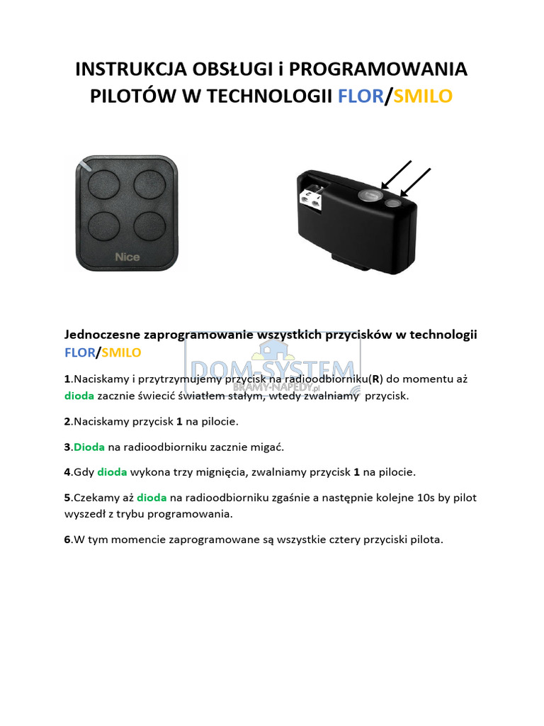 INSTRUKCJA OBSŁUGI I PROGRAMOWANIA PILOTÓW W TECHNOLOGI FLOR - SMILO | PDF