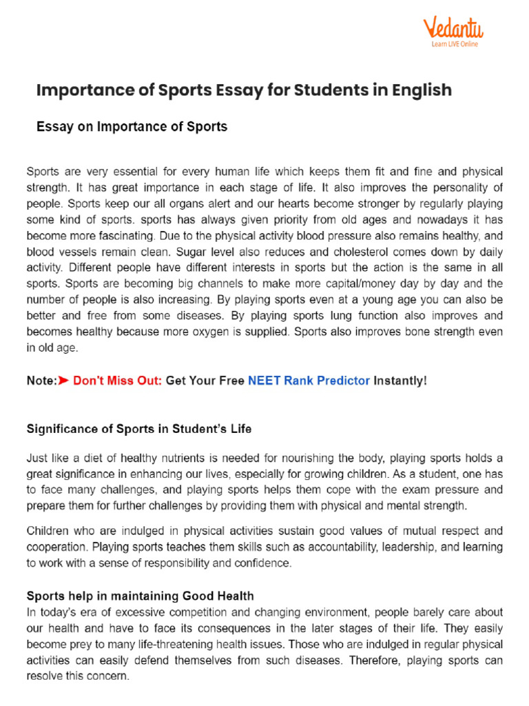 Importance of Sports Essay For Students in English | PDF