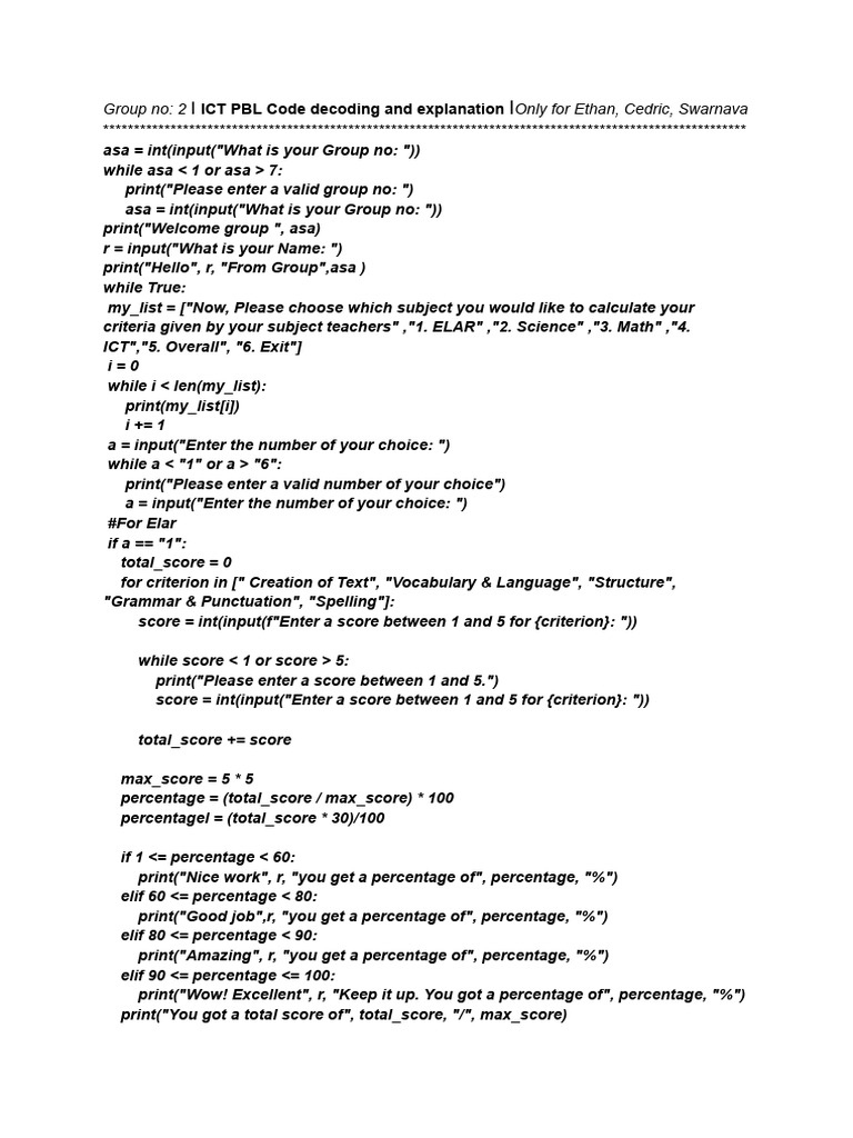 ICT PBL Code Decoding and Explanation | PDF | Control Flow | Programming Paradigms