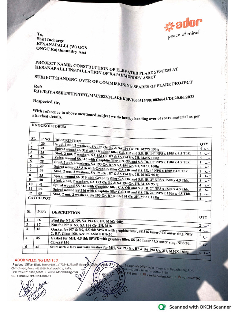 Machanical Spare List | PDF