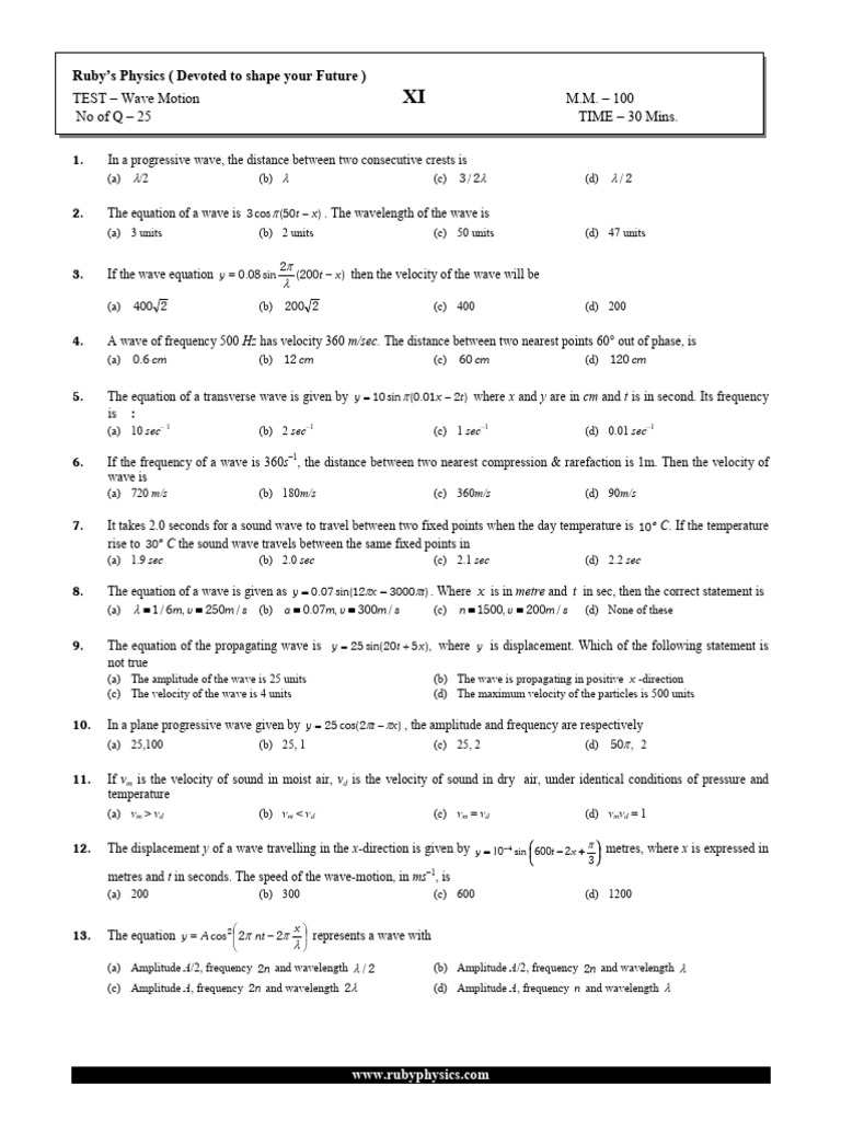 Wave Motion Test for XI Students | PDF | Waves | Sound
