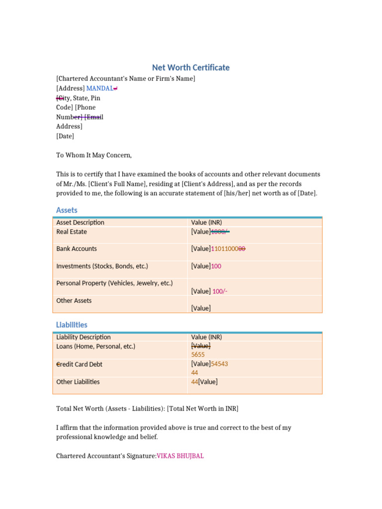 Net Worth Certificate Template | PDF
