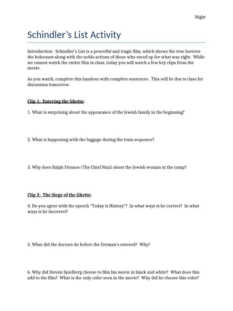 Night-Schindlers List Activity | PDF