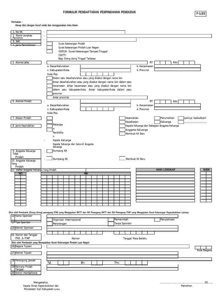 Formulir Pendaftaran Pindah Penduduk | PDF