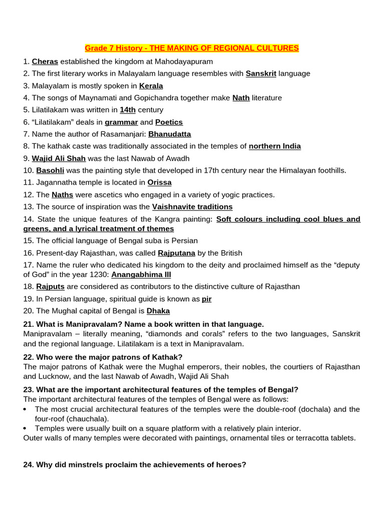 Regional Cultures in Grade 7 History | PDF | Bengal
