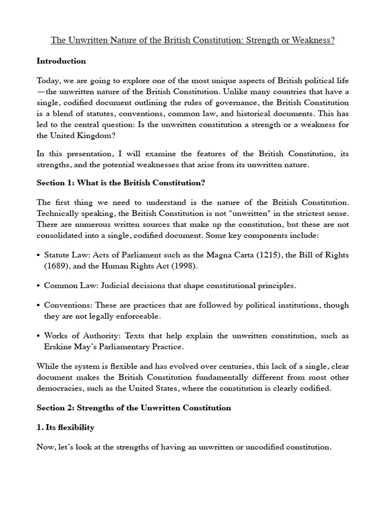 Strengths and Weaknesses of UK's Unwritten Constitution | PDF ...