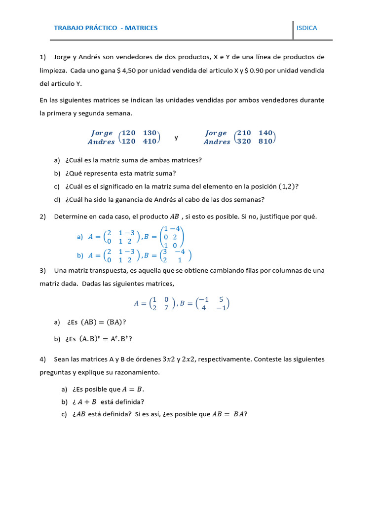 TP Matrices - 2024 | PDF | Matriz (Matemáticas) | Álgebra