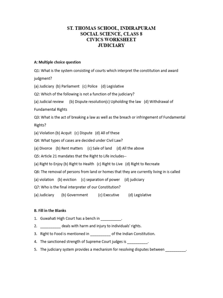 Class 8 Civics: Judiciary Worksheet | PDF