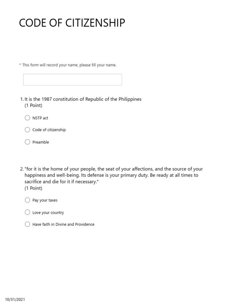 Code of Citizenship Preview Microsoft Forms | PDF | Citizenship | Political Science