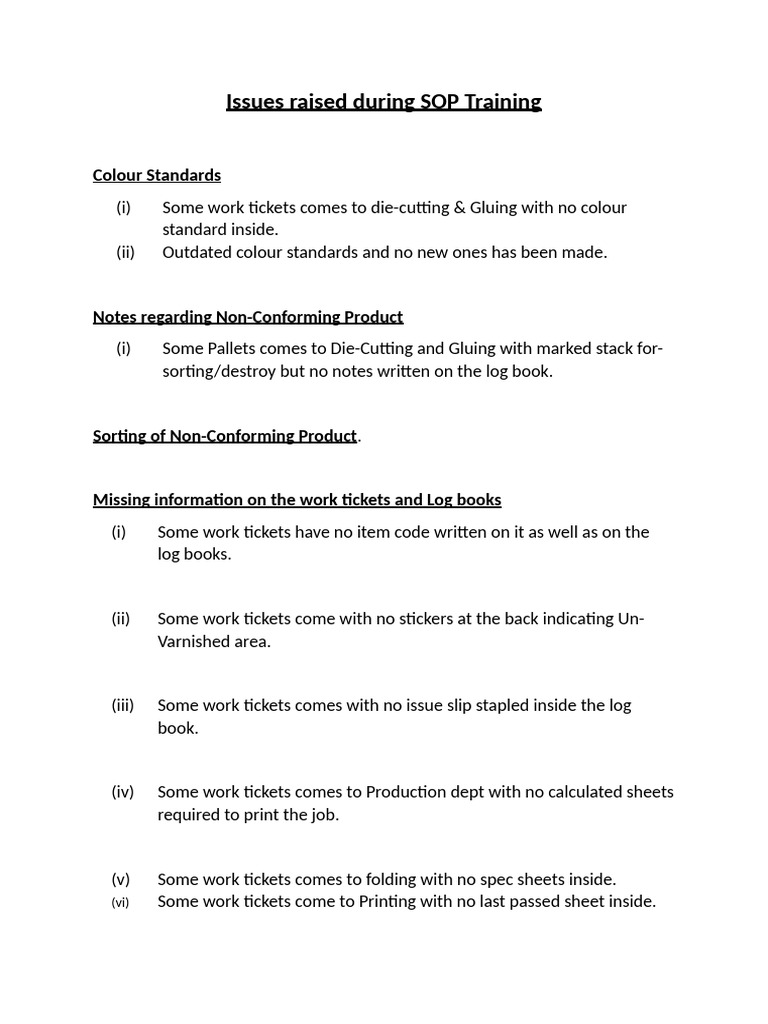 Issues Raised During SOP Training | PDF