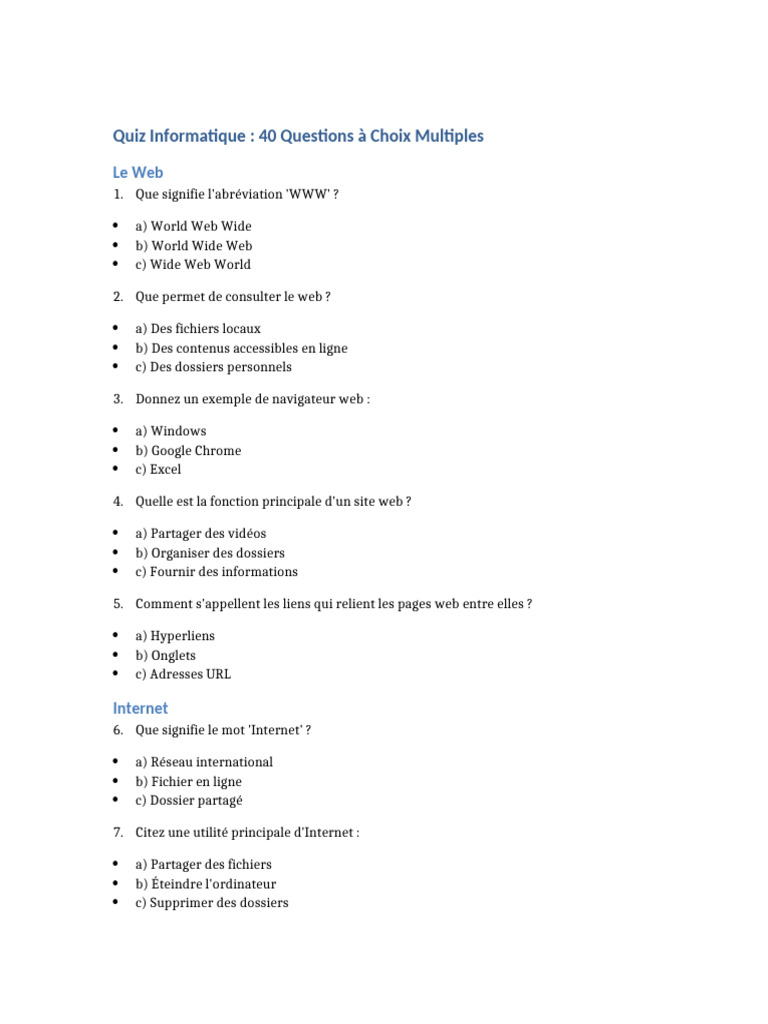 Quiz Informatique : 40 QCM Essentiels | PDF | Internet | Internet et Web