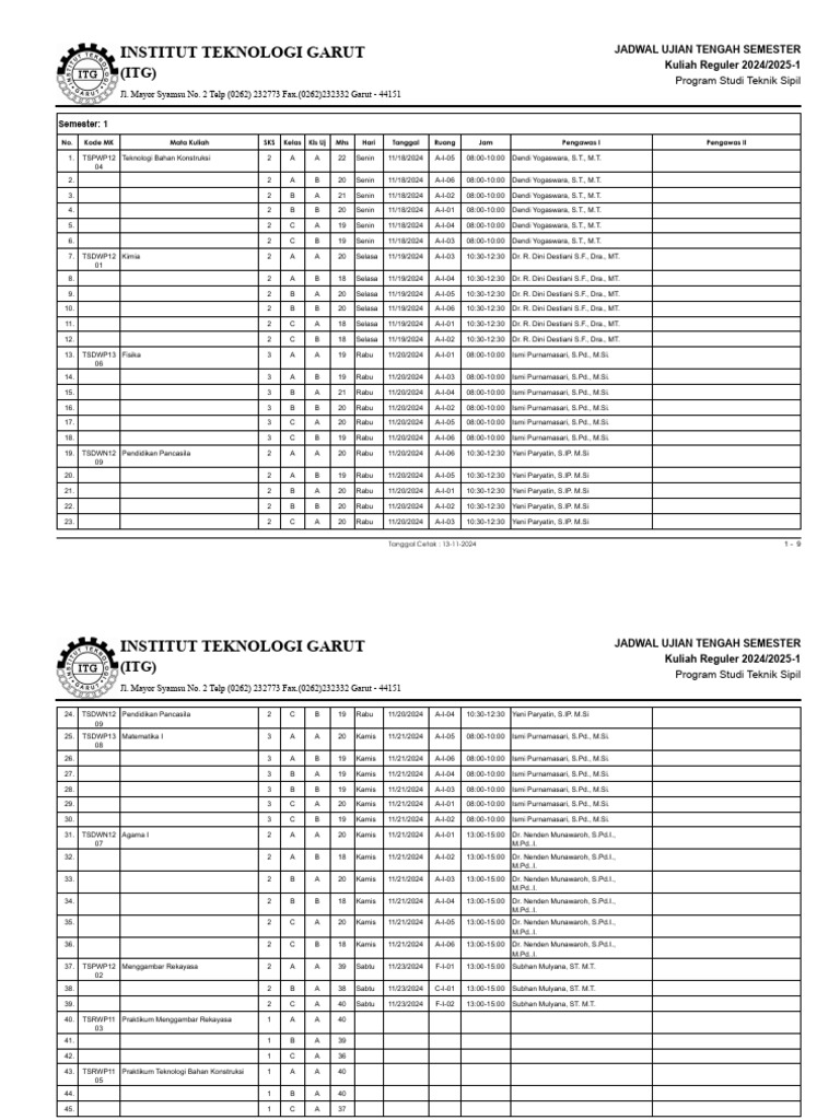 Jadwal UTS Ganjil T.A. 2024-2025 (Revisi) | PDF