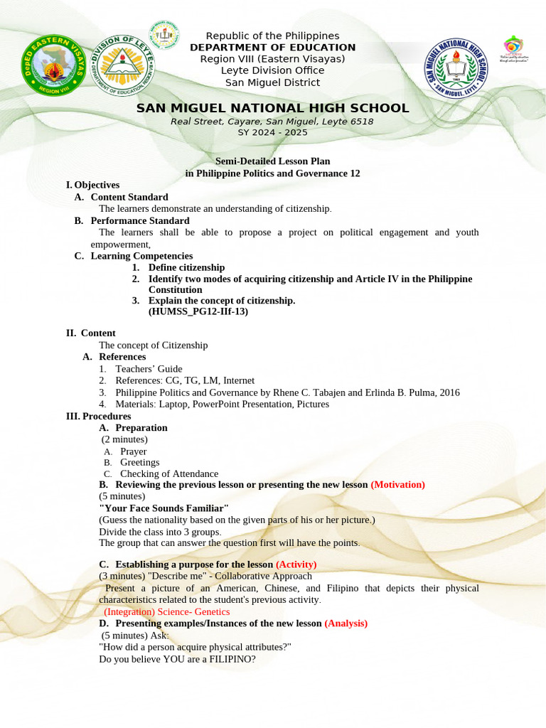 LESSON PLAN SHS 2024 DEMO | PDF | Citizenship | Philippines