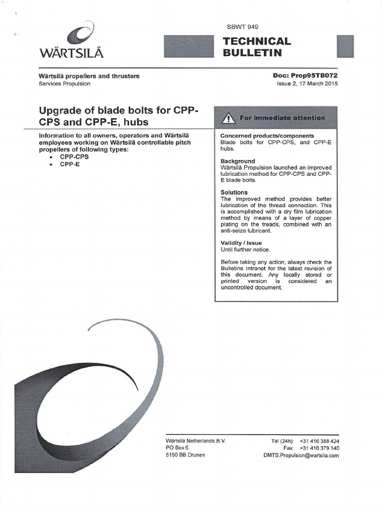 Wartsila Technical Bulletin Upgrade of Blade Bolts for Cpp-cps and Cppp ...