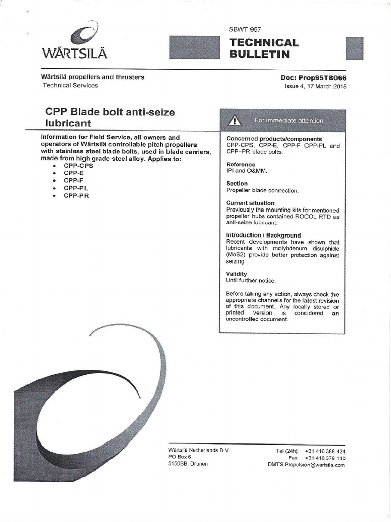 Wartsila Technical Bulletin CPP Blade Bolt Anti-Seize Lubricant | PDF